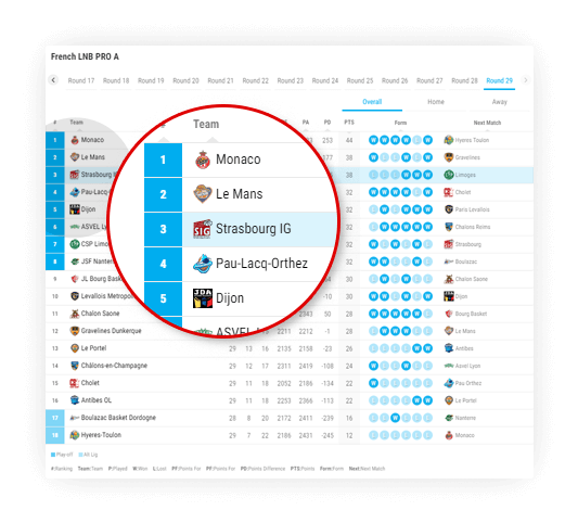 Basketball Team Standings Widget, Team Standings Data API