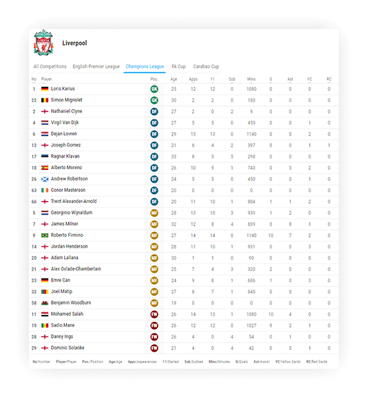 Soccer Team Squad Statistics Widget, Team Statistics API XML