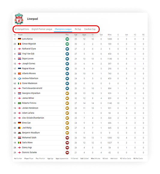 Soccer Team Squad Statistics Widget, Team Statistics API XML